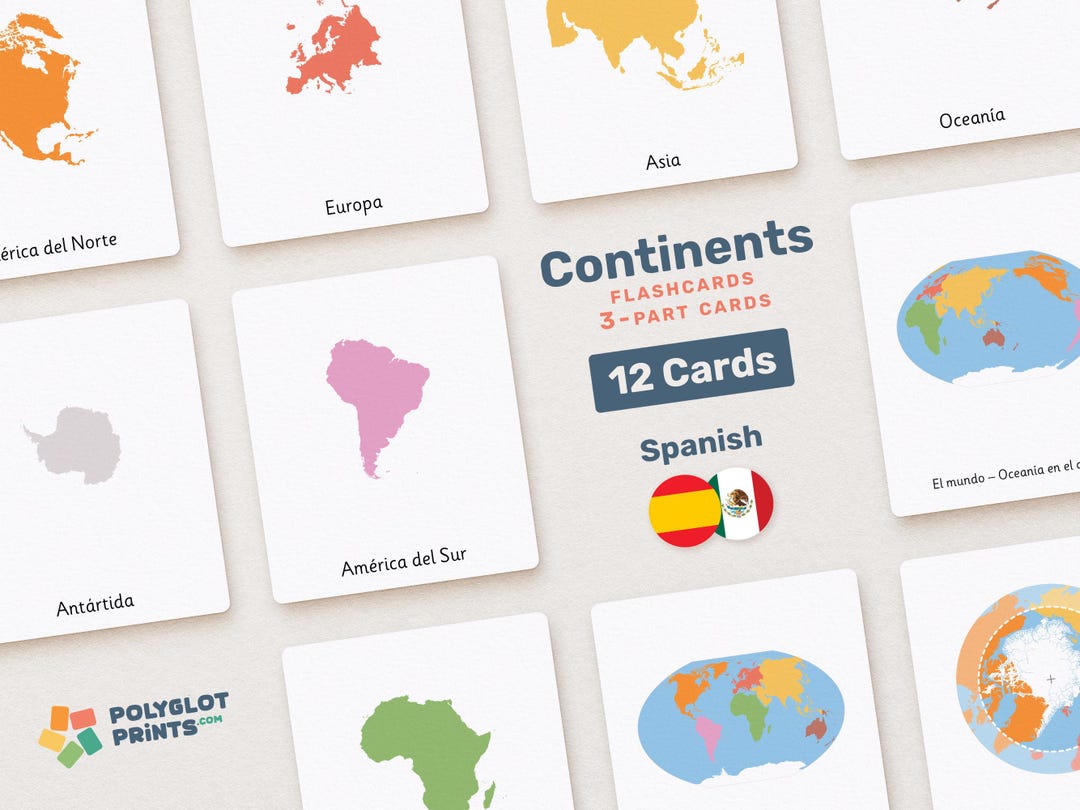 Spanish Continents Cards - Printable Montessori Flashcards for Kids ...