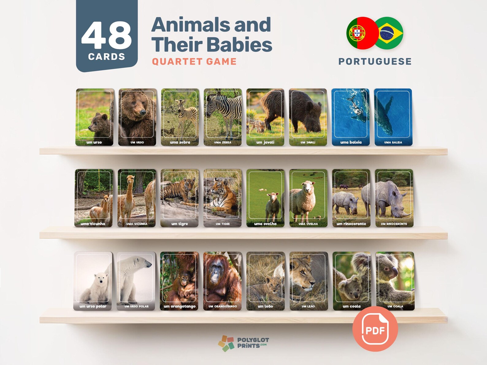 Portuguese Animals Card Game Printable Portuguese Go Fish Cute Design ...