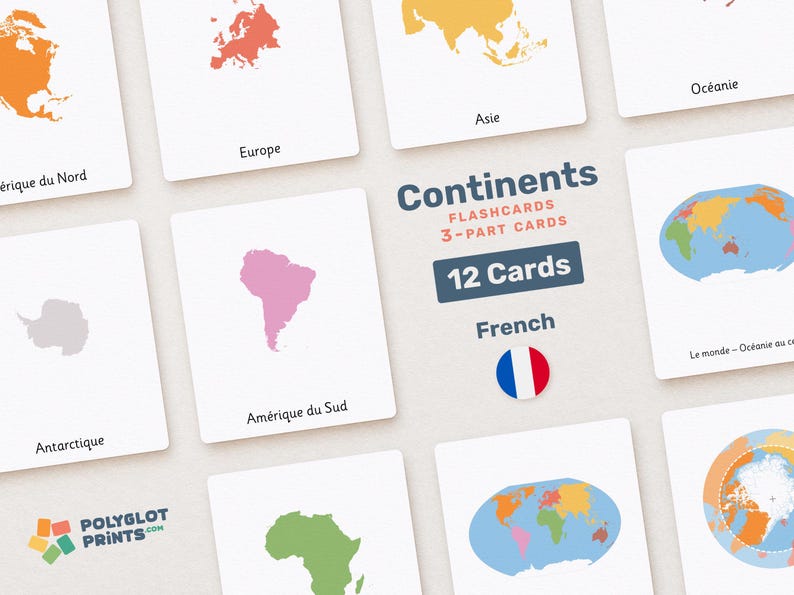 French Continents Flashcards Printable — Montessori 3-part Cards With ...
