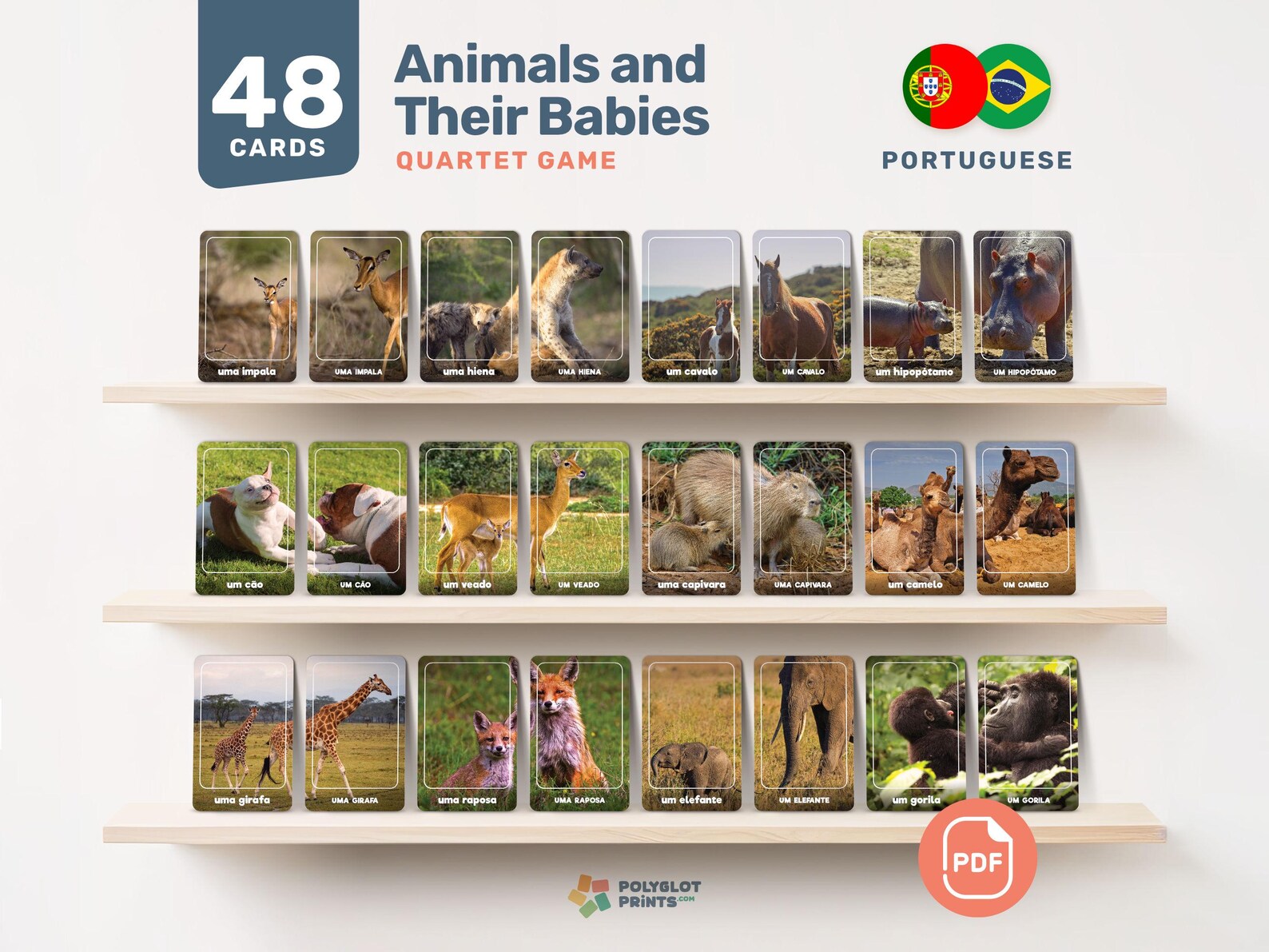 Portuguese Animals Card Game Printable Portuguese Go Fish Cute Design ...