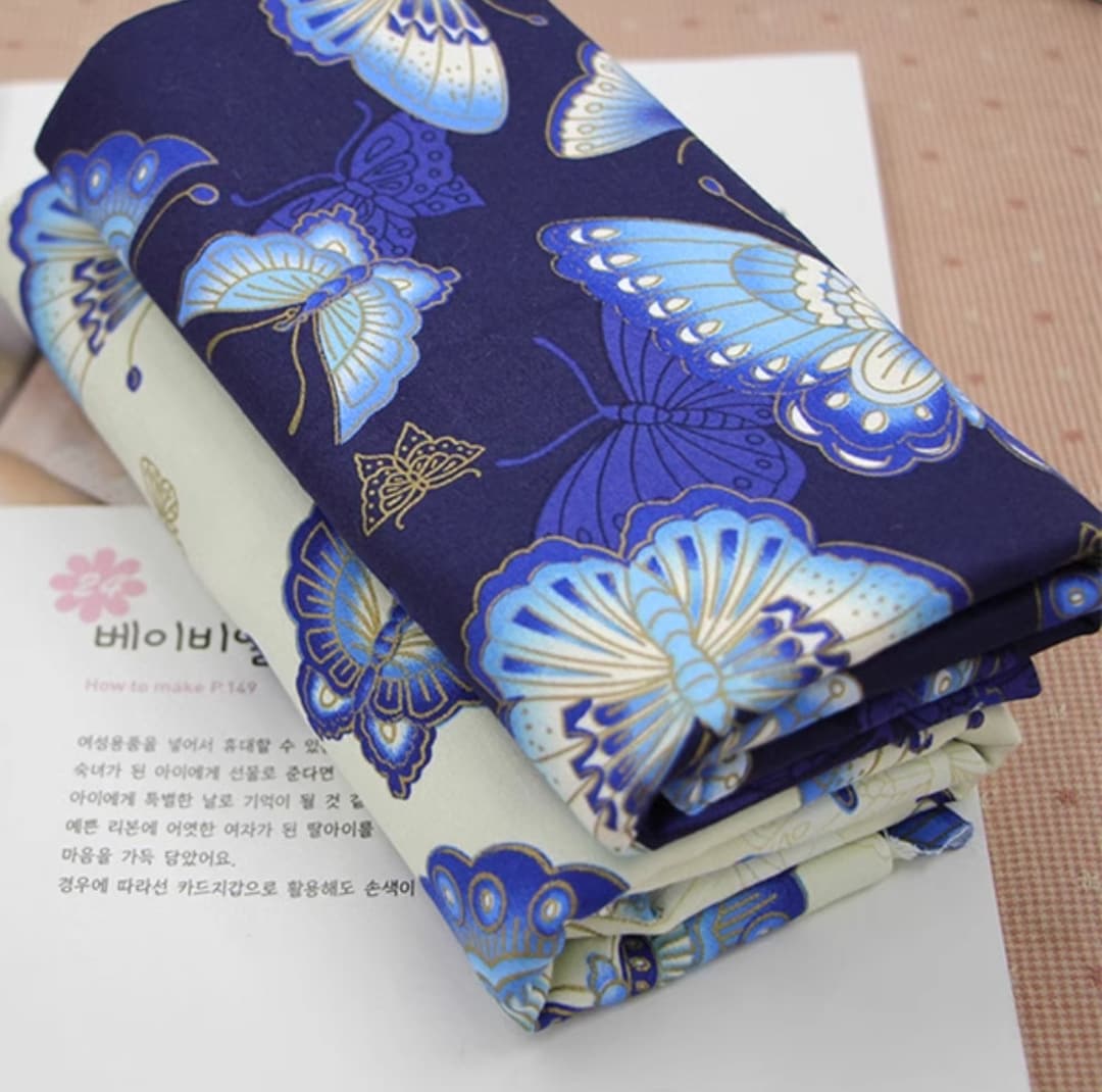 Cotton Fabric, Butterfly, Royal Blue, Gilding, Vintage Style, Insect ...