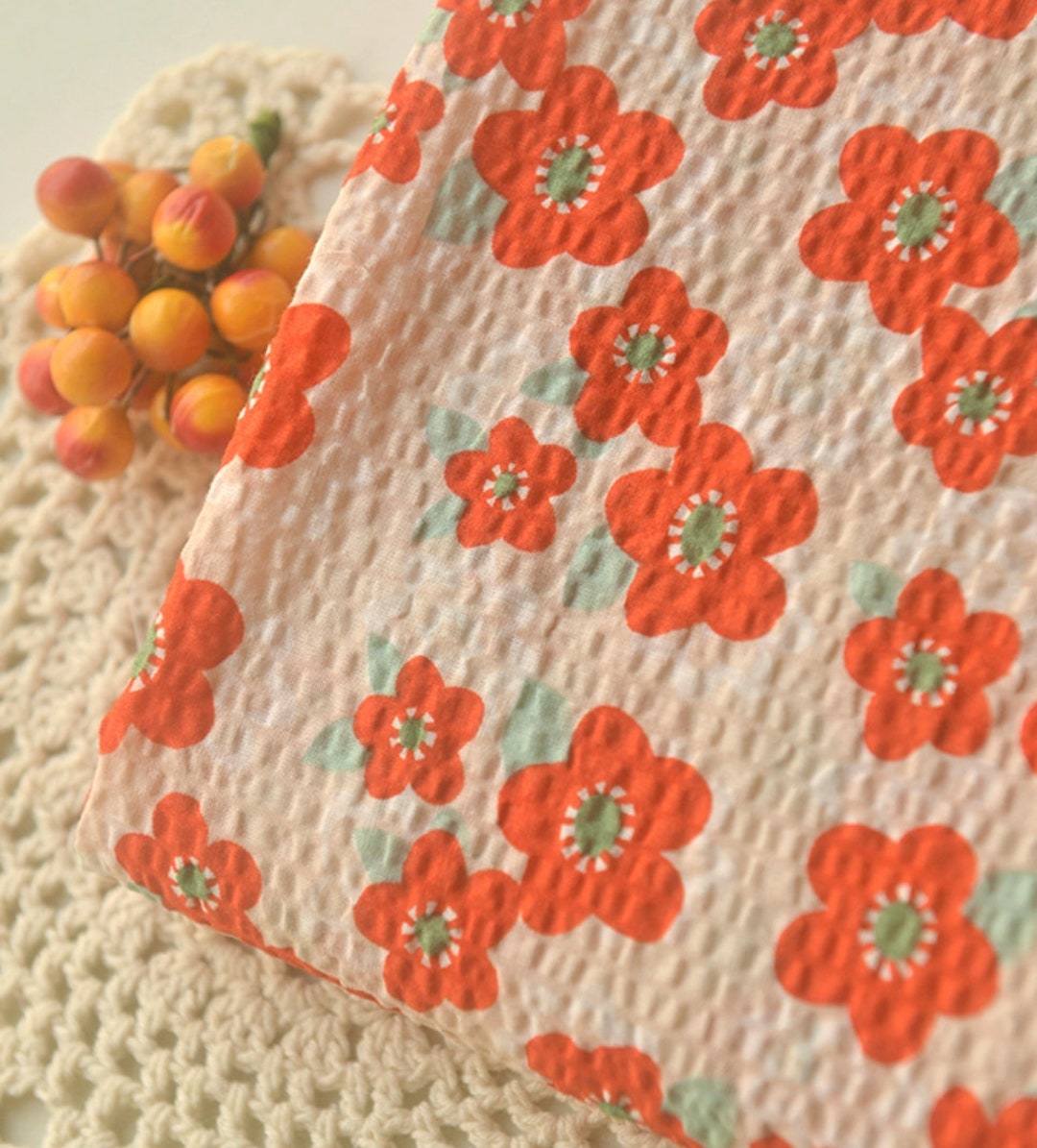 Winkle Cotton Fabric, A Sea of Flowers, Creping, Crumple, Red Flowers ...