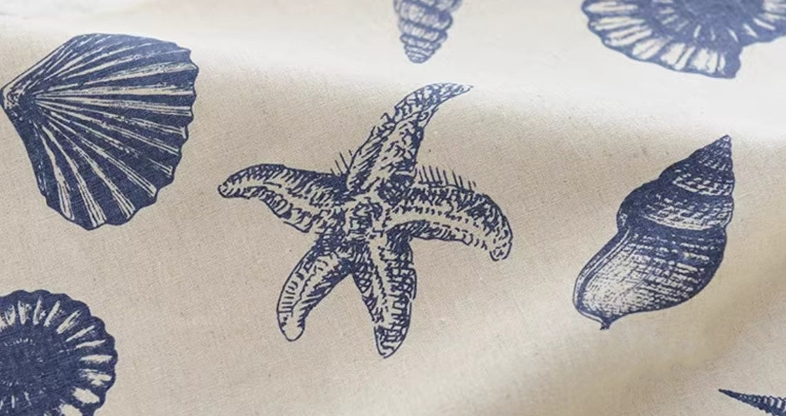 Cotton Linen Blended Fabric, Shell, Conch, Starfish, Sea Star, Sea ...
