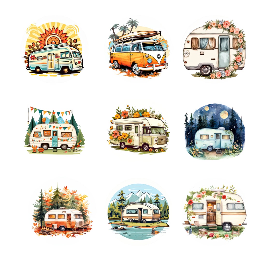 Retro Camper, 10 PNG Pack, Digital Download, Watercolor Clipart ...