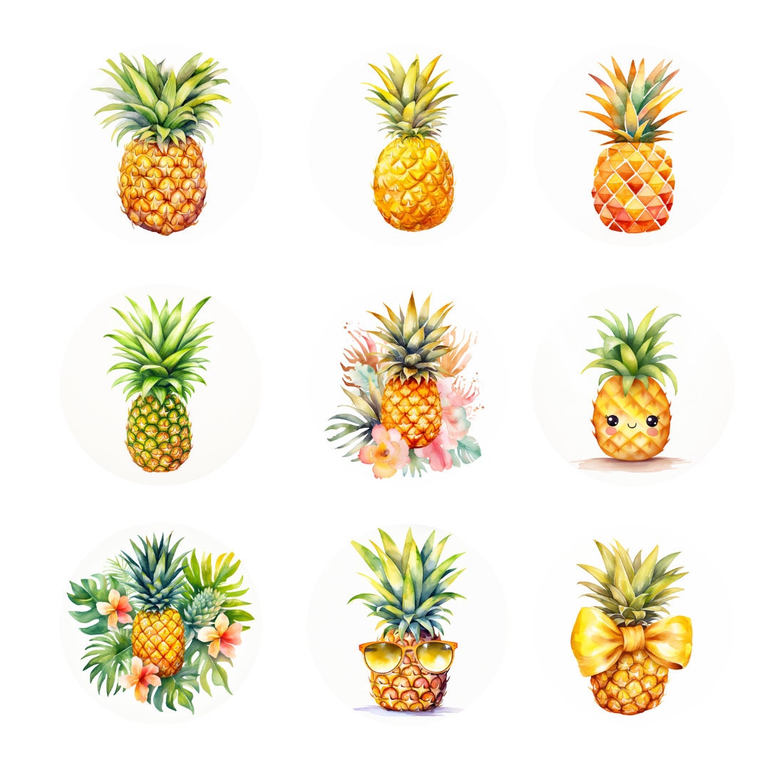 Pineapple Clipart, 10 PNG Pack, Digital Download, Watercolor Clipart ...