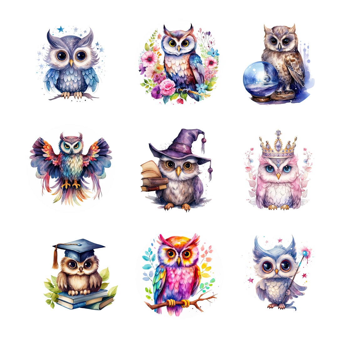 Magic Owl , 10 PNG Pack, Digital Download, Watercolor Clipart ...
