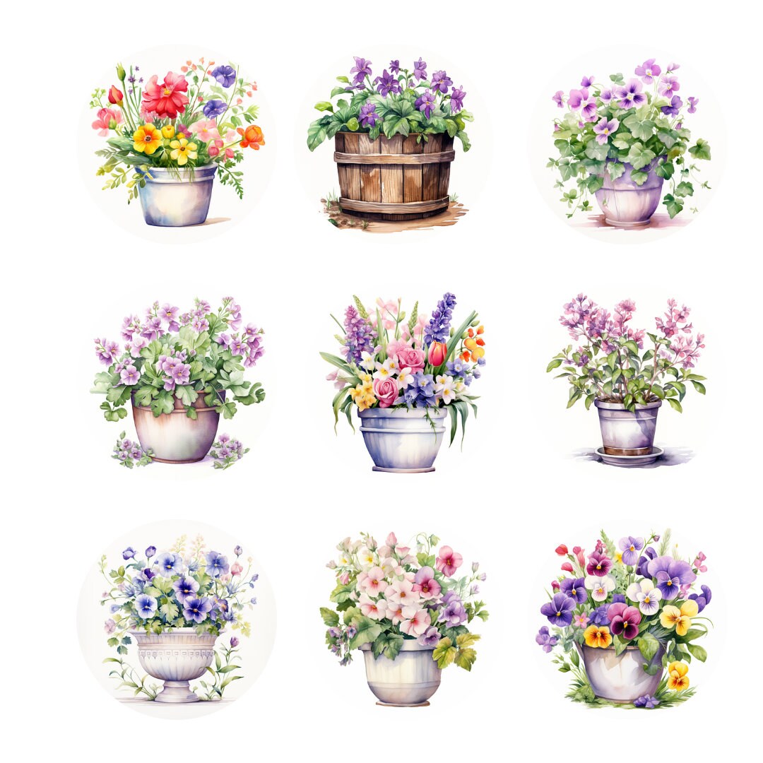 Spring Planters Clipart, 10 PNG Pack, Digital Download, Watercolor ...