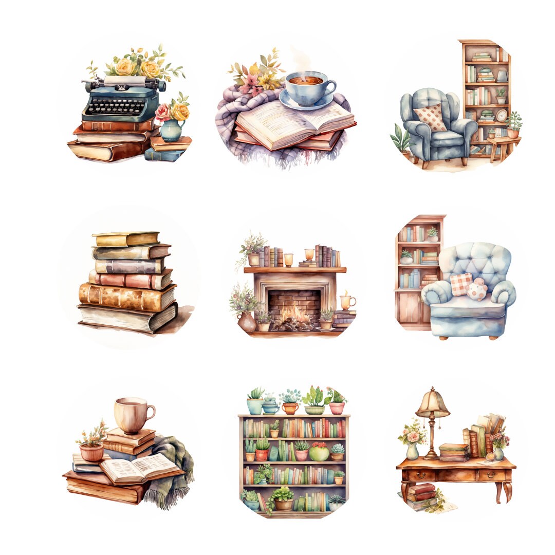 Cozy Books Clipart, 10 PNG Pack, Digital Download, Watercolor Clipart ...