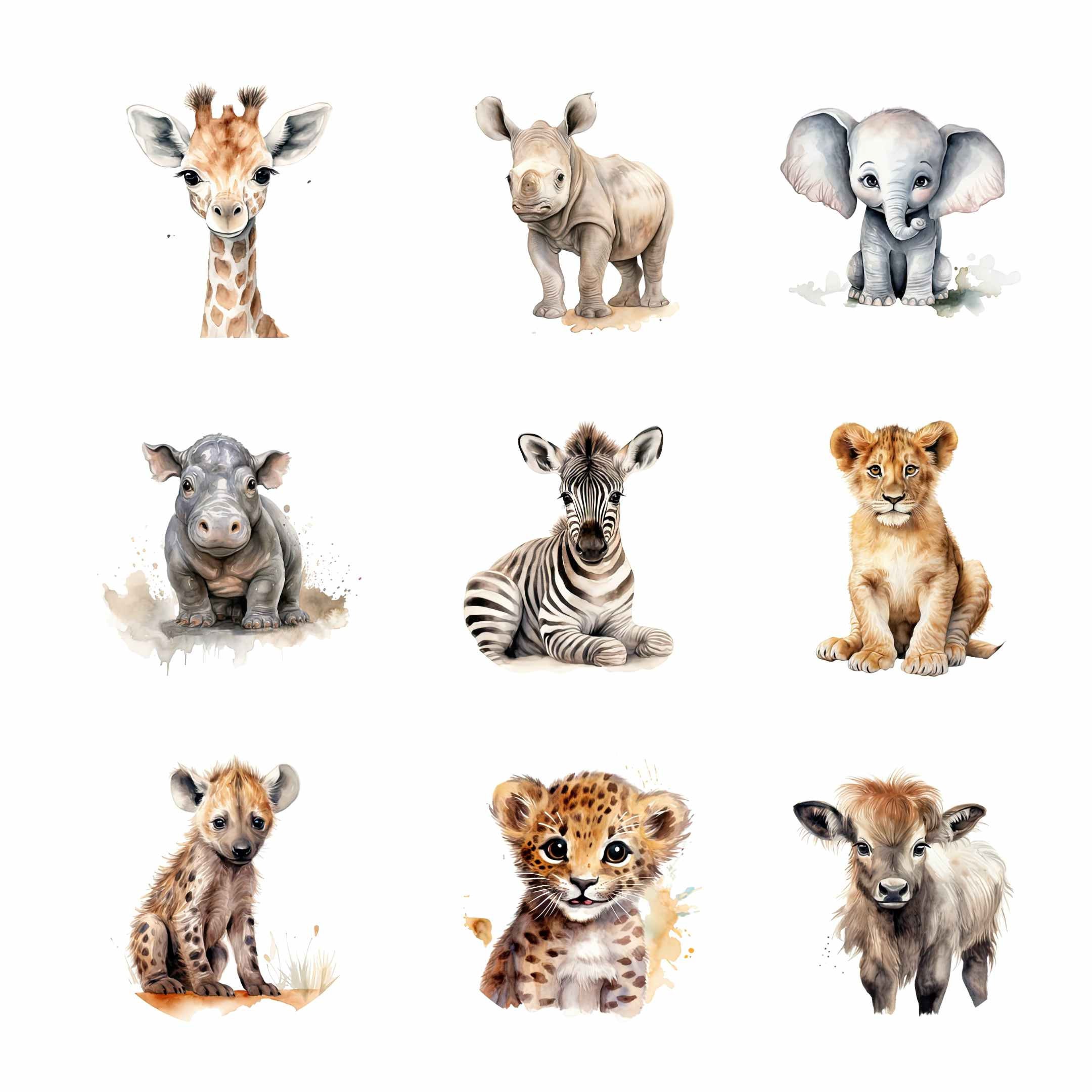 Safari Baby Animals Watercolor Clipart, 10 PNG Pack, Digital Download ...