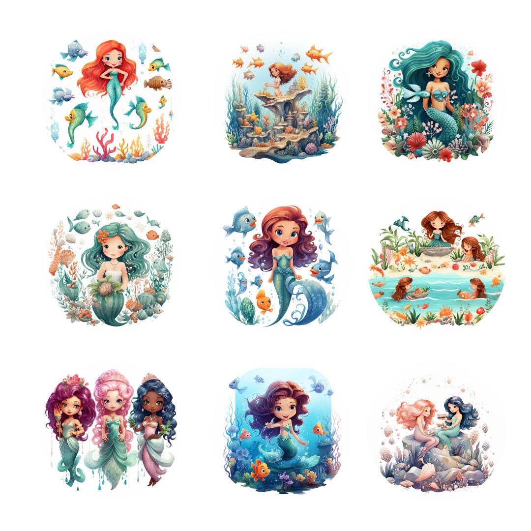 Mermaid Bundle Clipart, 10 PNG Pack, Digital Download, Watercolor ...