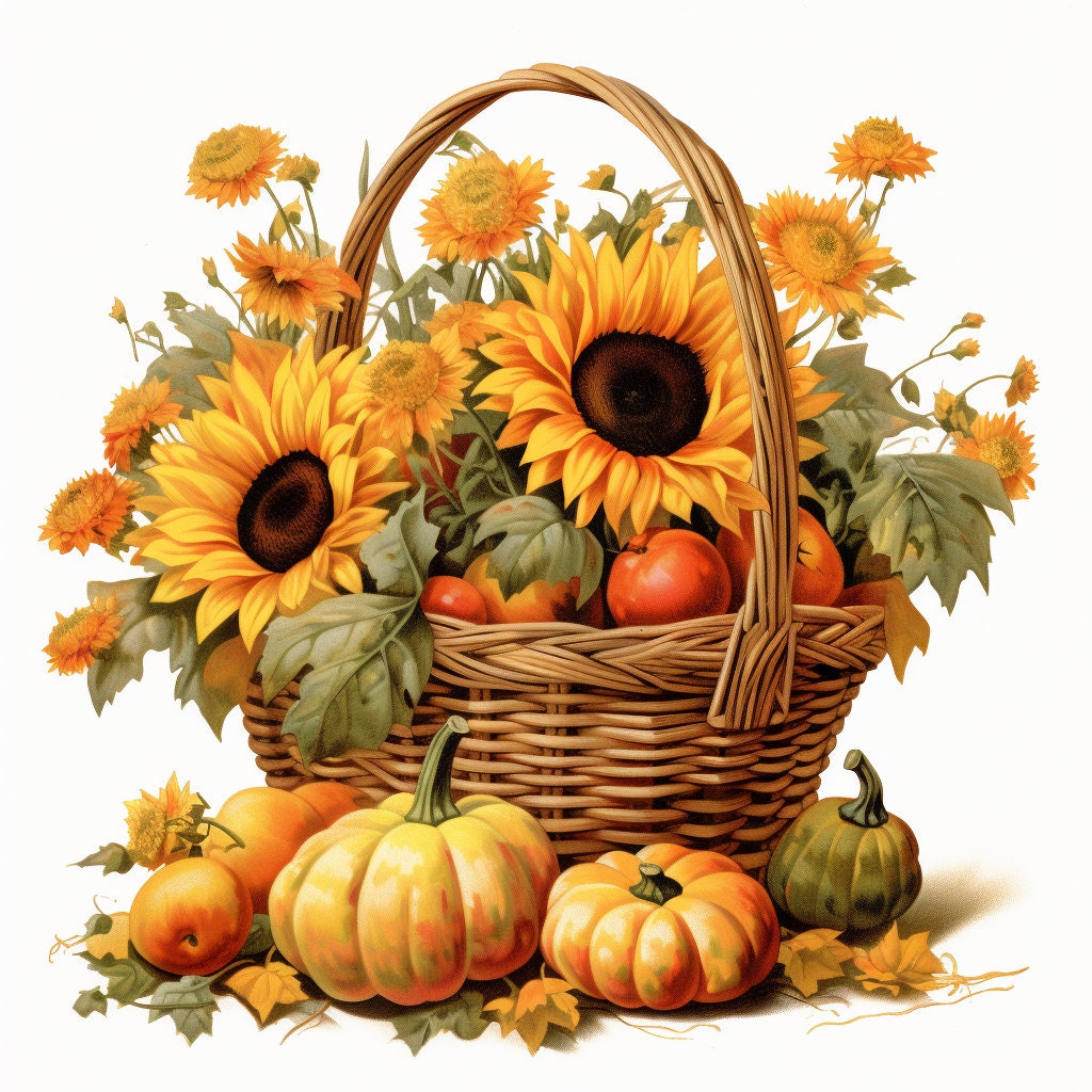 Basket With Pumpkins Clipart, 10 PNG Pack, Digital Download, Watercolor ...