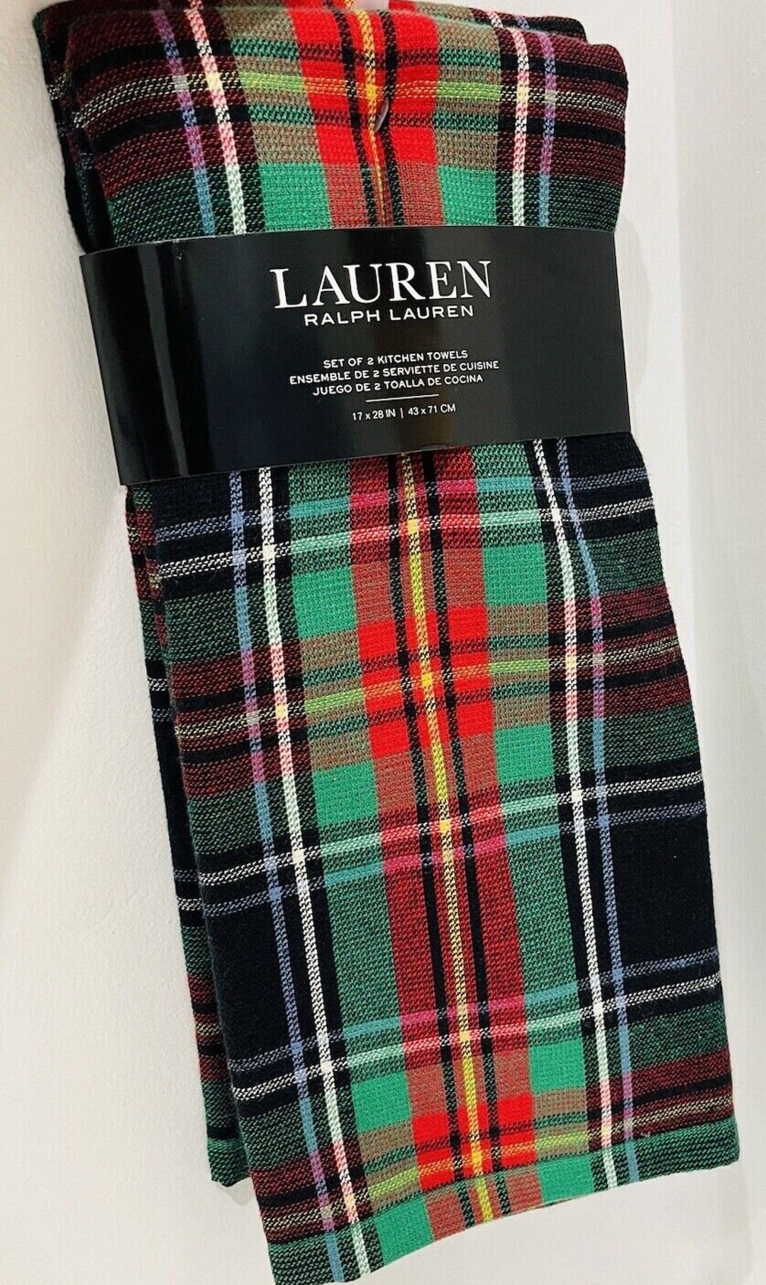 RALPH LAUREN Two Pack Multicoloured Green Plaid Kitchen Towels 63x76cm ...