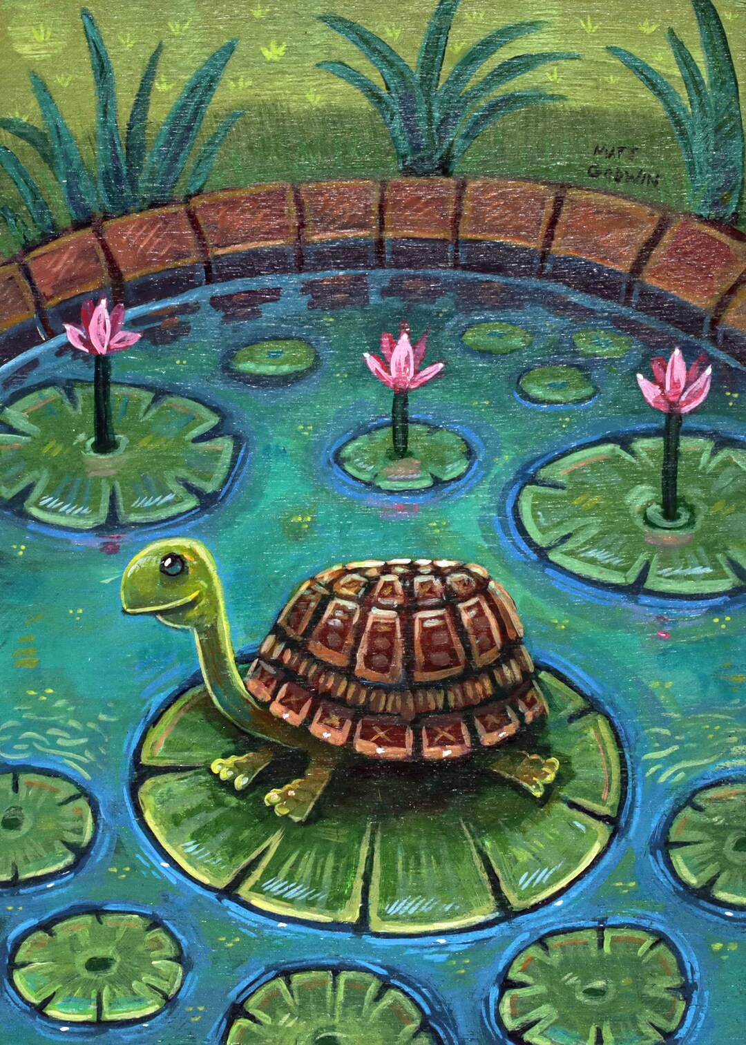 Lily Pad Turtle Original UV Varnished Acrylic Painting on Wood by Matt ...