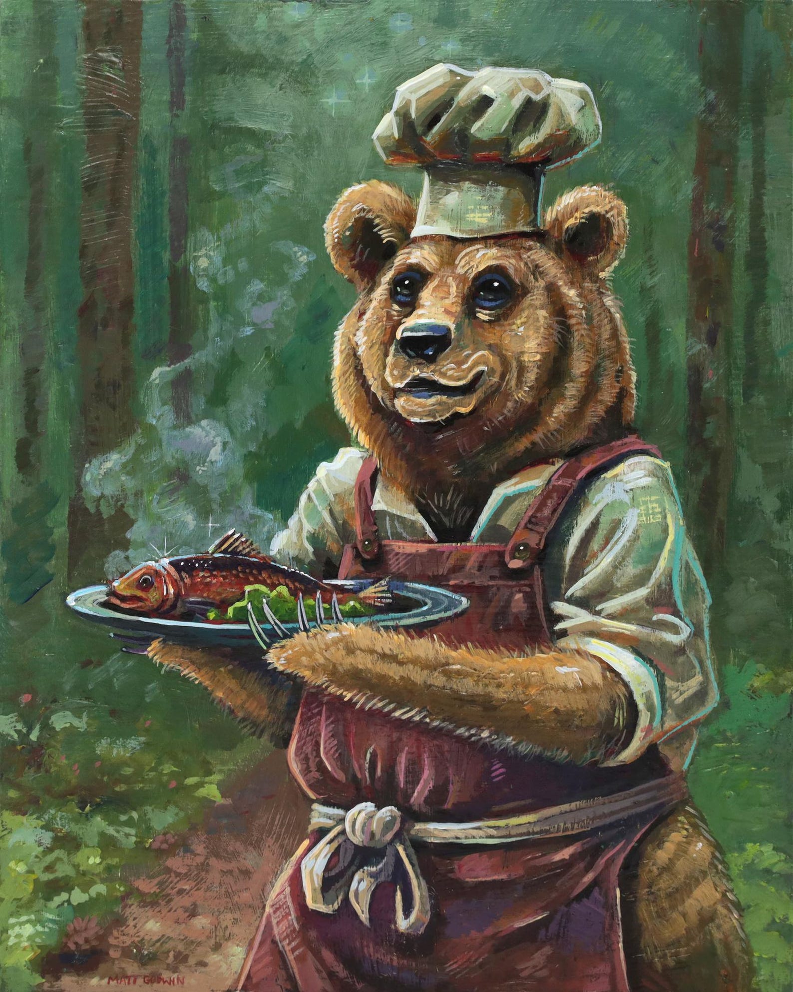 Bear Chef Presents Fish Original Acrylic Painting on Wood by Matt ...
