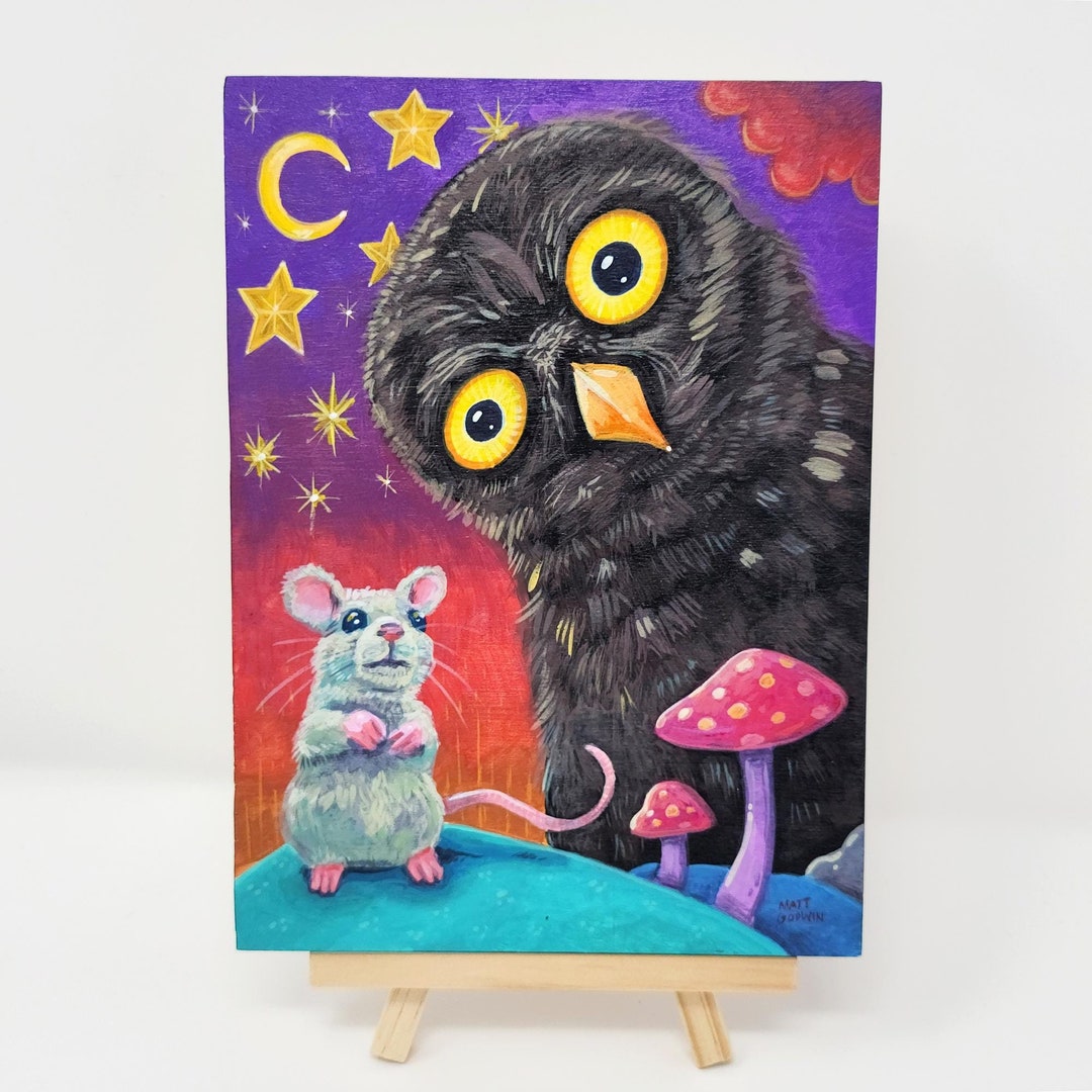 Owl Painting With Mouse Moon and Mushrooms Original Gouache Acrylic ...