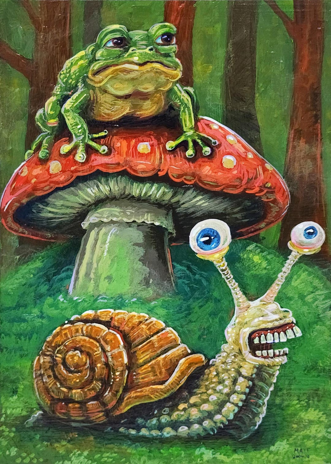 Mushroom Frog With Snail Friend Original Acrylic Painting on Wood by ...