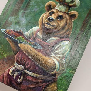 Bear Chef Presents Fish Original Acrylic Painting on Wood by Matt ...