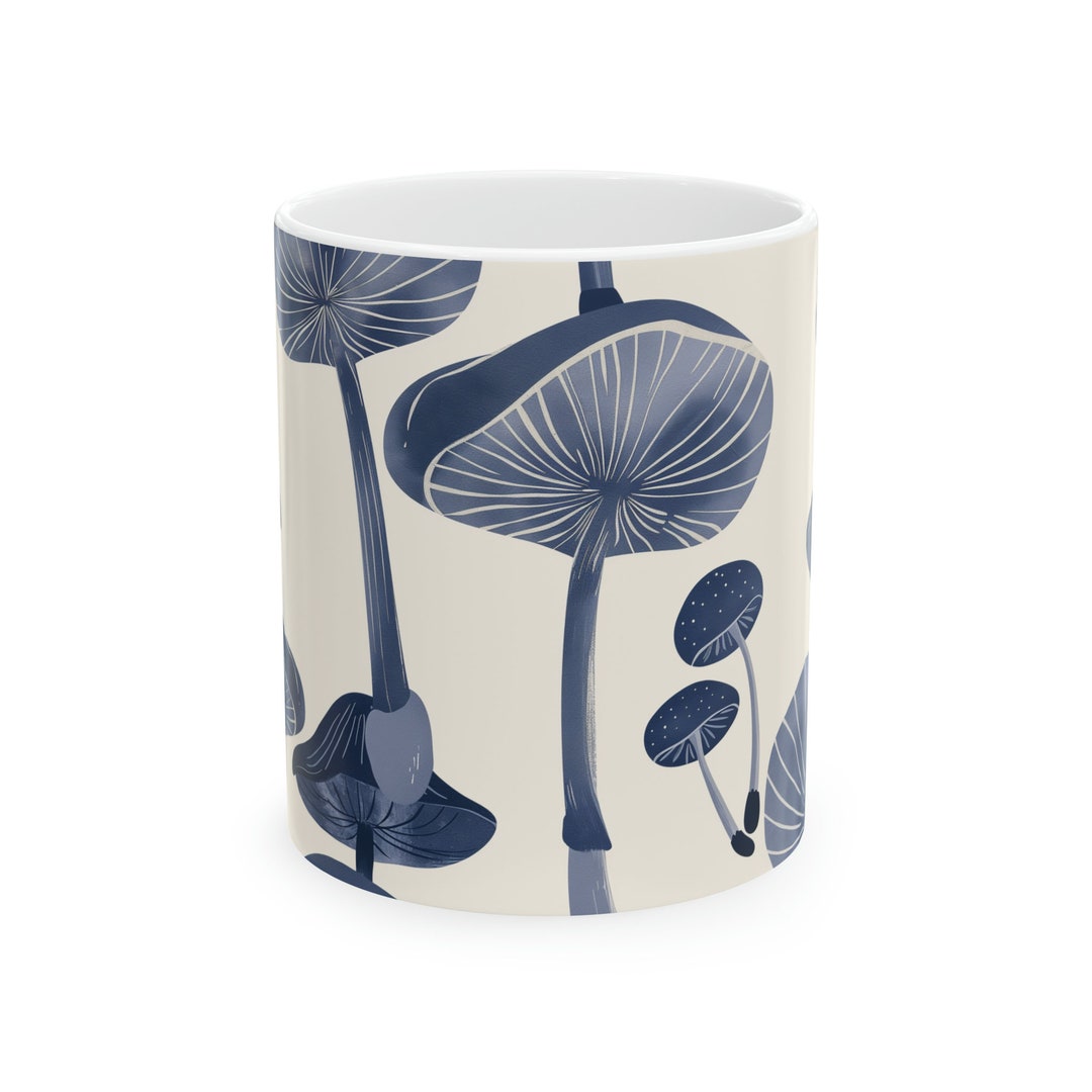 Japandi Style Mushroom Mug, Blue With White Background, 11 Oz, Ceramic ...