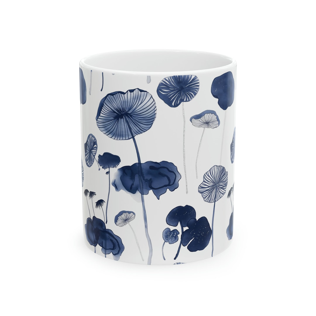 Japandi Style Mushroom Mug, Blue With White Background, 11 Oz, Ceramic ...