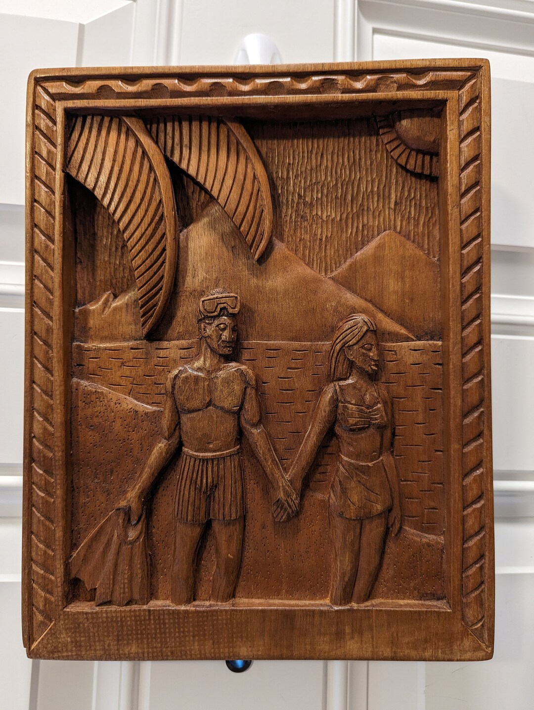 Hand Carved Wooden 3D Wall Relief Man and Woman Tropical Beach 8.5 X 11 ...