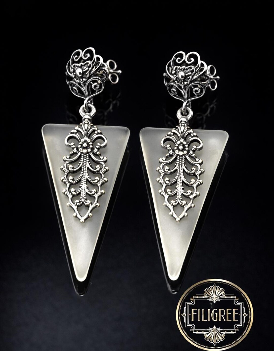 Art Deco Design Camphor Glass Earrings • Tapered Triangle Silver ...