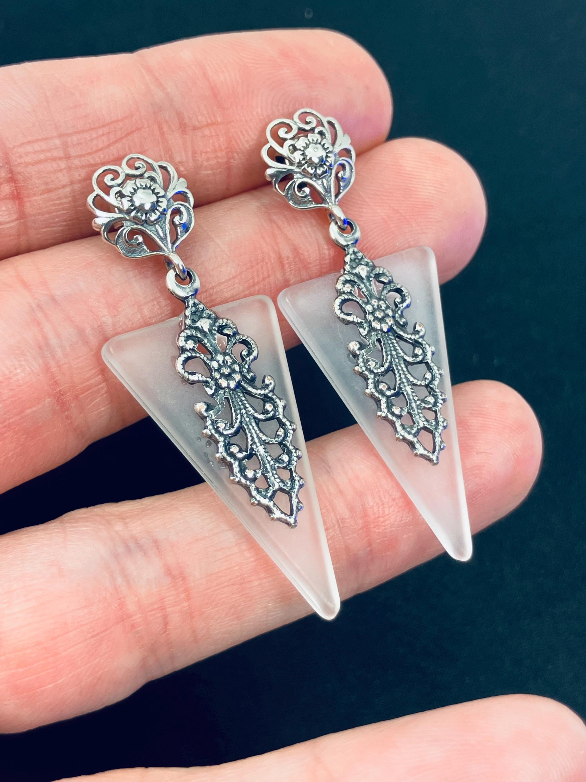 Art Deco Design Camphor Glass Earrings • Tapered Triangle Silver ...