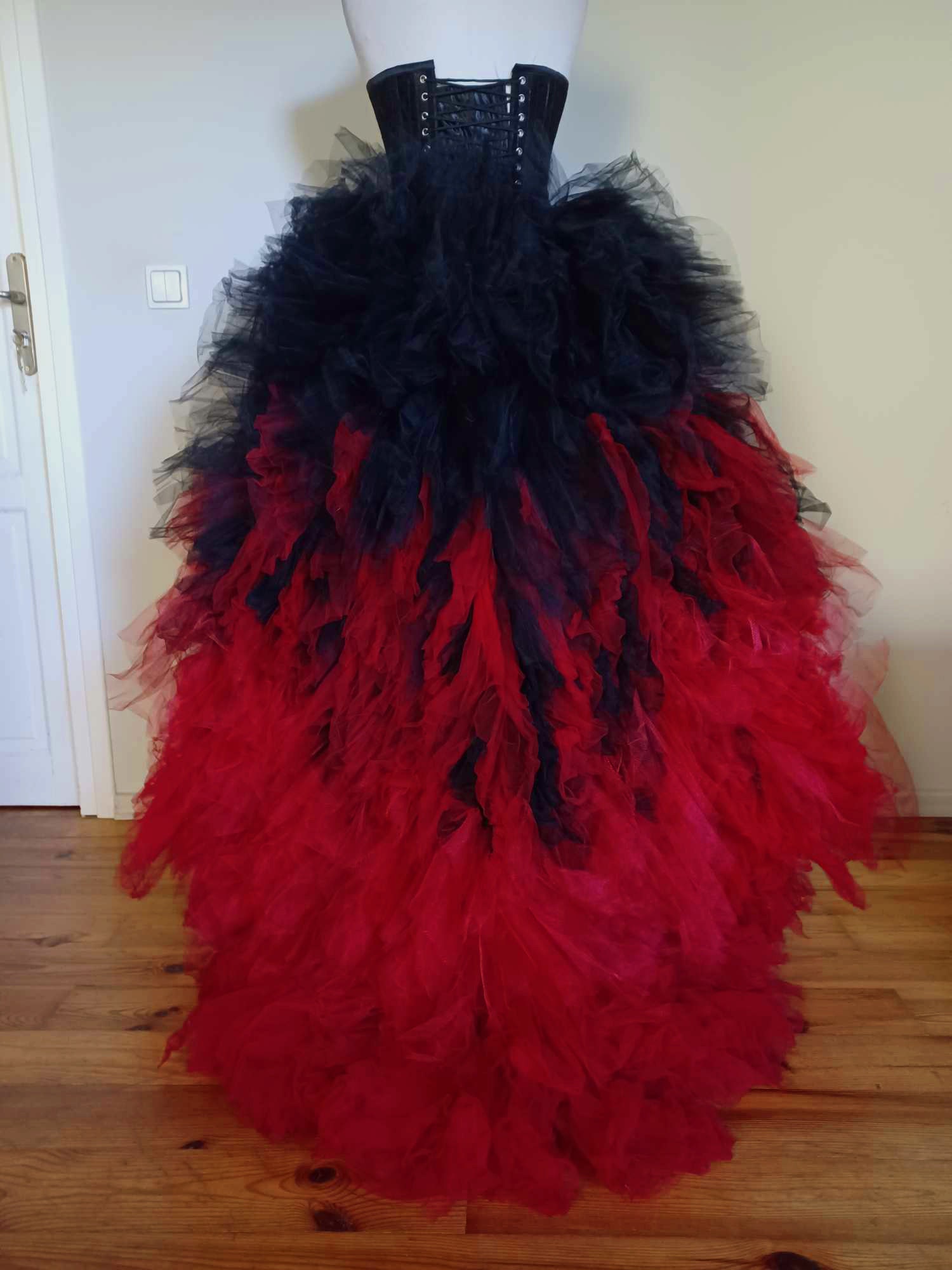 Gothic Burlesque Costume Feather Collar Corset Two Tone Skirt Halloween ...