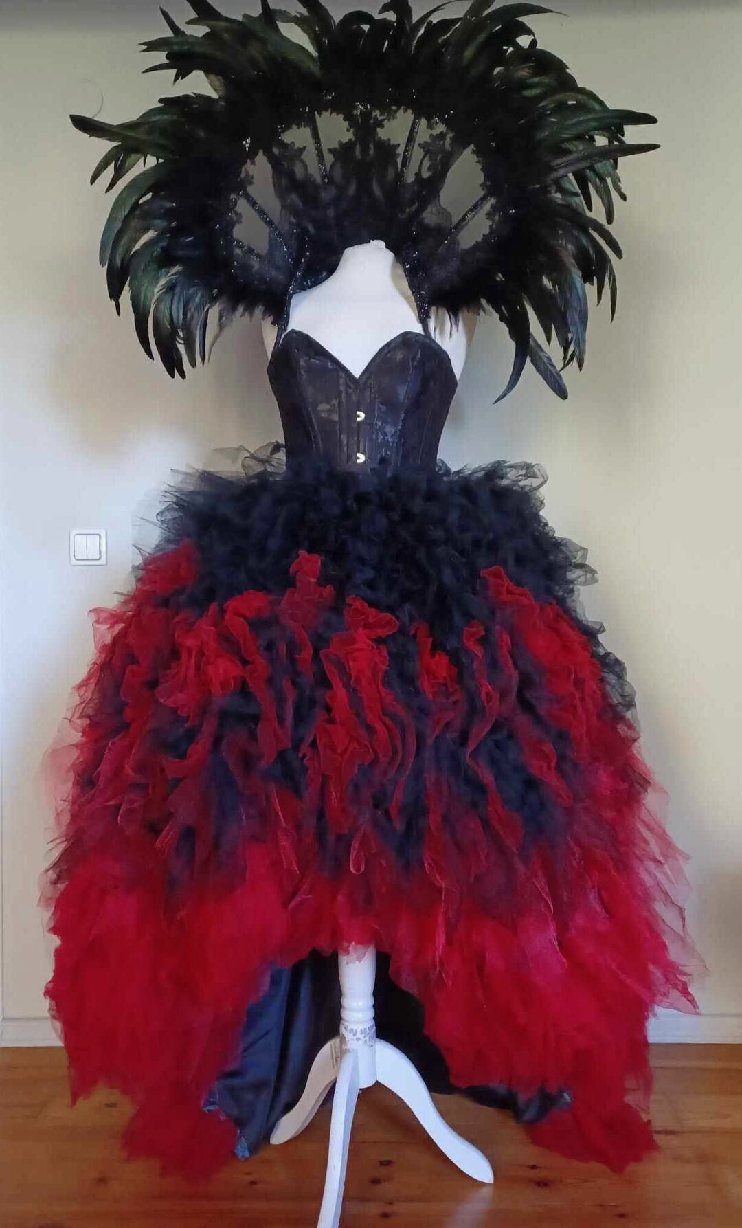 Gothic Burlesque Costume Feather Collar Corset Two Tone Skirt Halloween ...