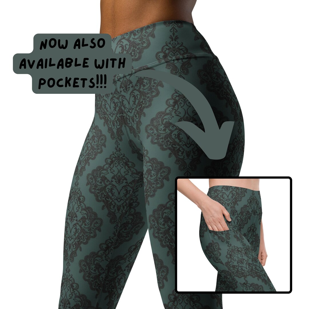 Leggings Gothic Black Green Lace Effect, High Waisted Funky Ladies Gym ...