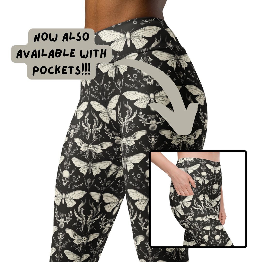 Leggings Black Gothic Goth Moth Skull, High Waisted Funky Ladies Gym ...