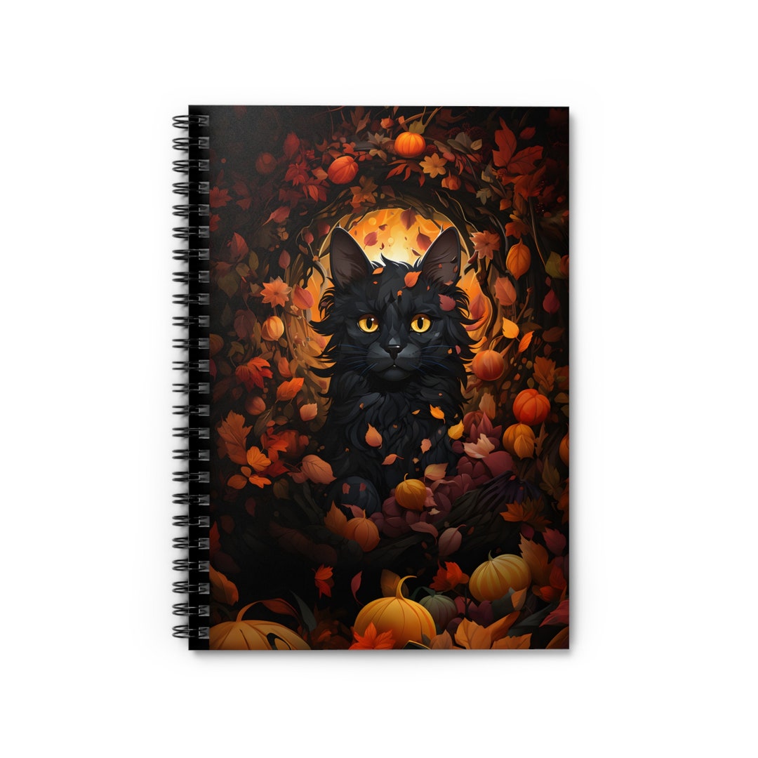 Black Cat Pumpkins Spiral Notebook, Fall Leaves Journal, Autumn Theme ...