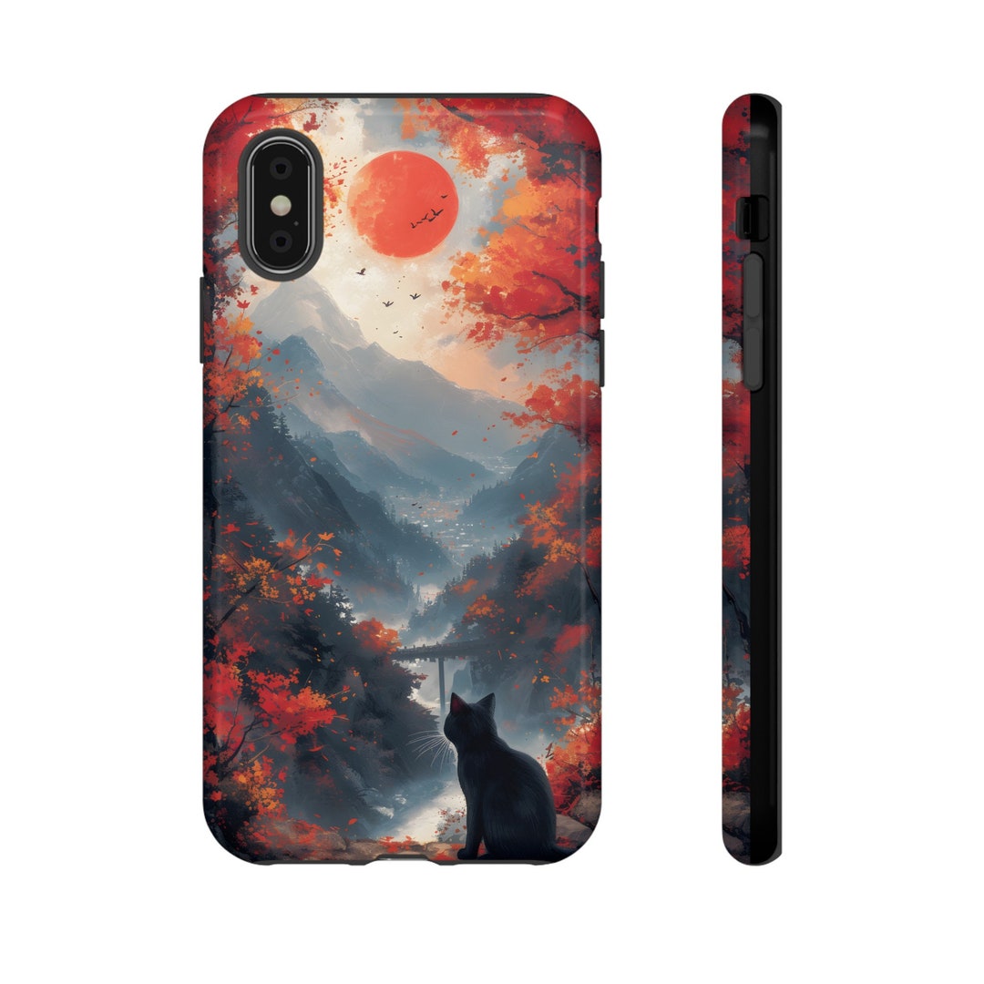 Cute Black Cat Phone Case, Nature Cat Phone Cover, Japanese Inspired ...