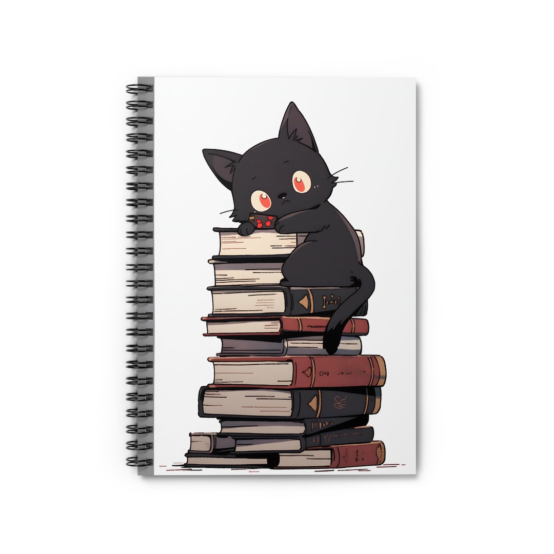 Kawaii Black Cat and Books Spiral Notebook, Cute Anime Black Cat Mental ...