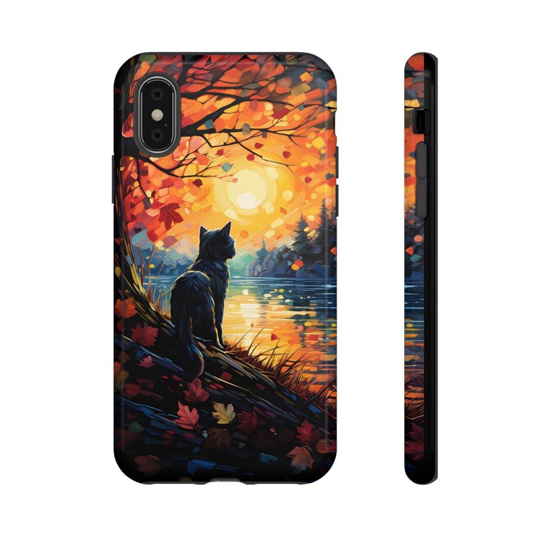 Fall Sunset Lakeside Black Cat Phone Case, Cute Black Cat Design Case ...