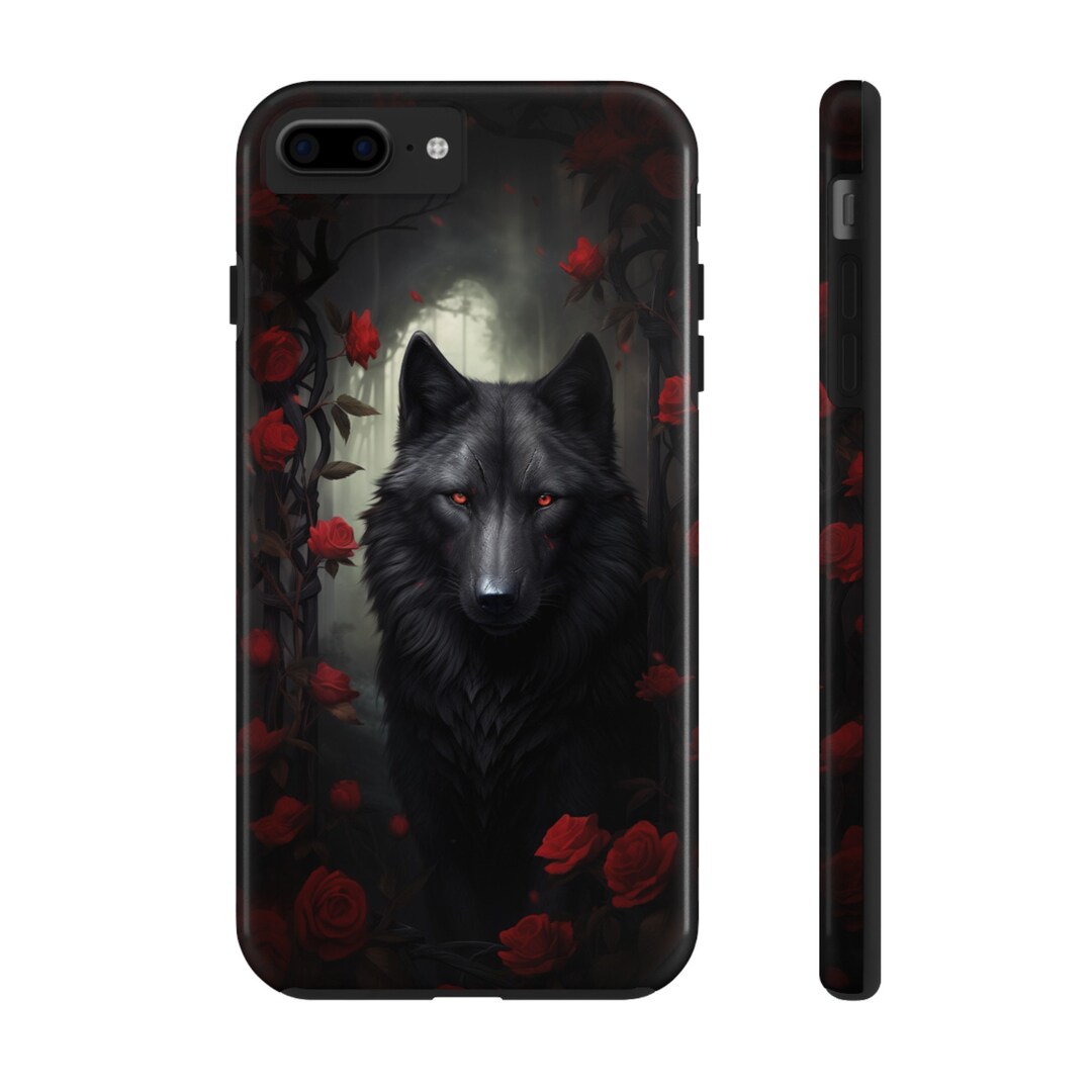 Black Wolf Phone Case, Fantasy Wolf Cover, Wolf and Roses Phone Case ...