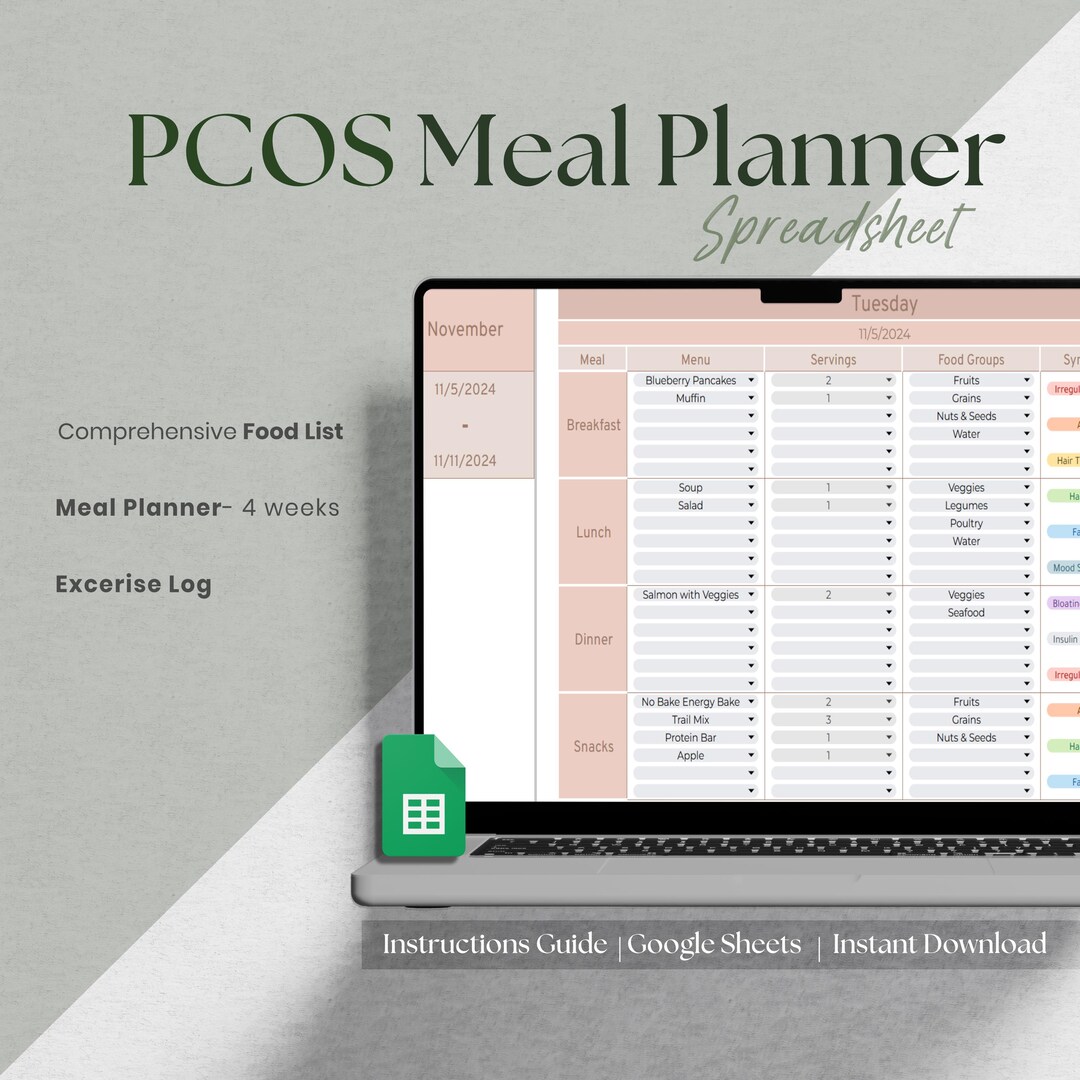 PCOS Diet Food List and Exercise Log Google Sheets, Weight Loss Meal ...