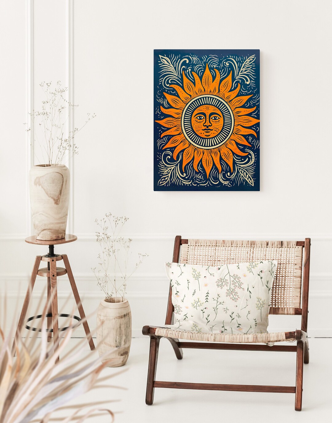 Sun Boho Wall Art, Sun Face Block Print, Retro Wall Decor, Boho Decor ...