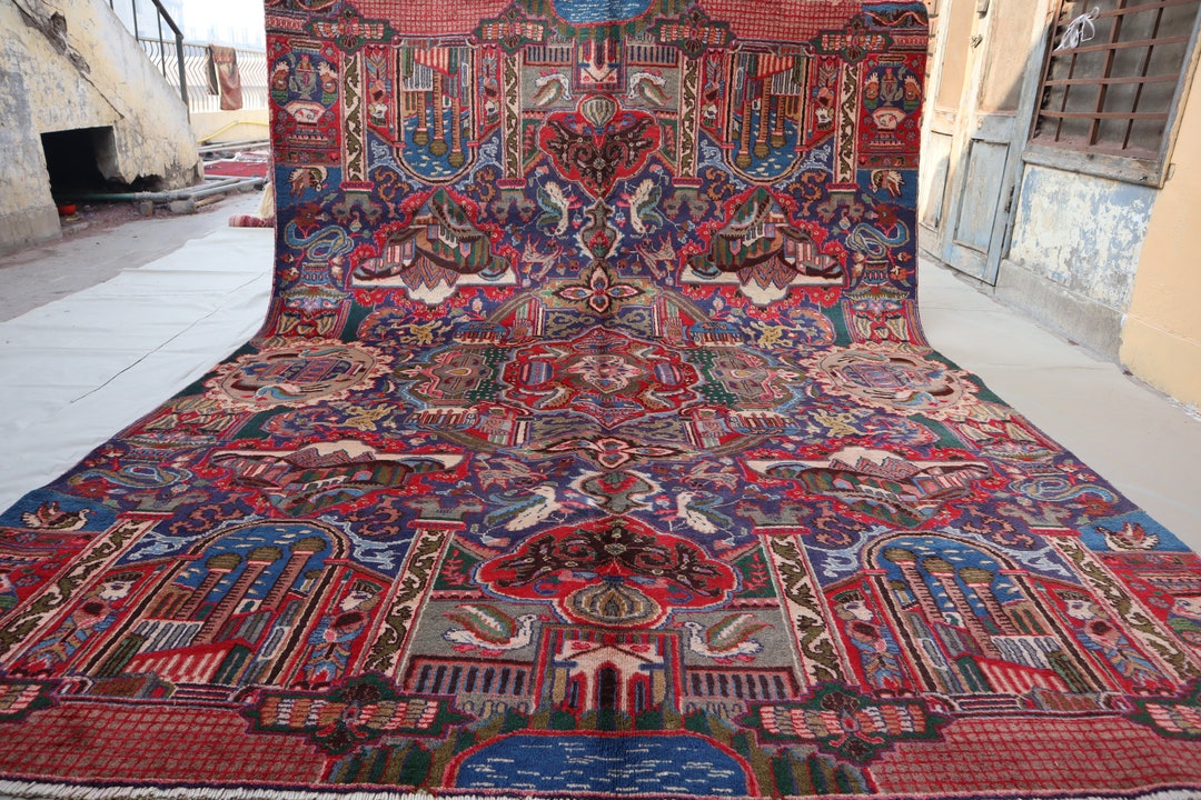 10x7 Ethnic Antique Afghan Geometric Pictorial Vintage Area Rug/ City ...