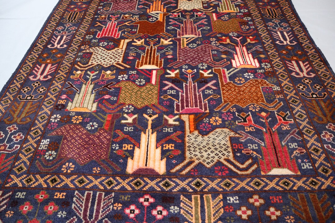 Afghan Antique Animal Hunting Pictorial Rug, Navy Blue Afghan Handmade ...