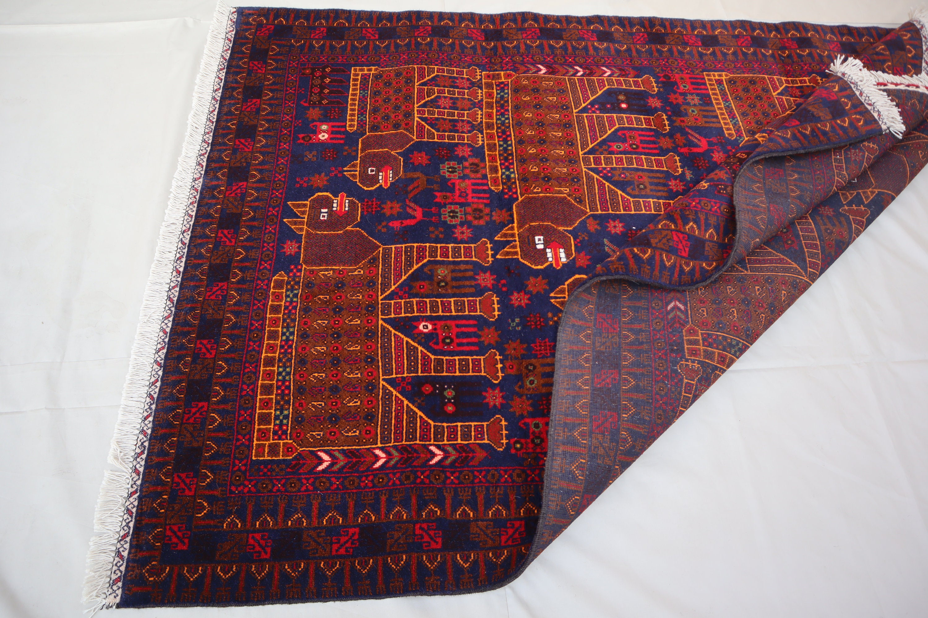 8x4 Afghan Animal Pictorial Balochi Area Rug/ Turkmen Hand Made Vintage ...