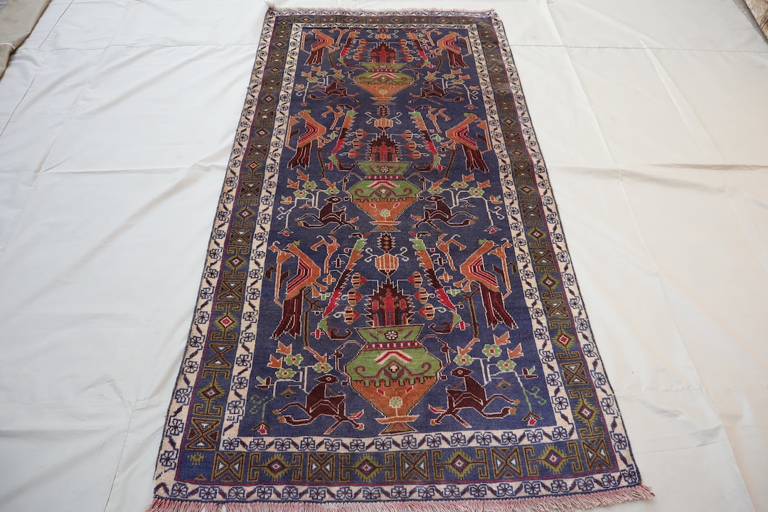 6.4x3.9 Afghan Pictorial Vintage Balochi Rug/ Hand Made Soft Wool Area ...