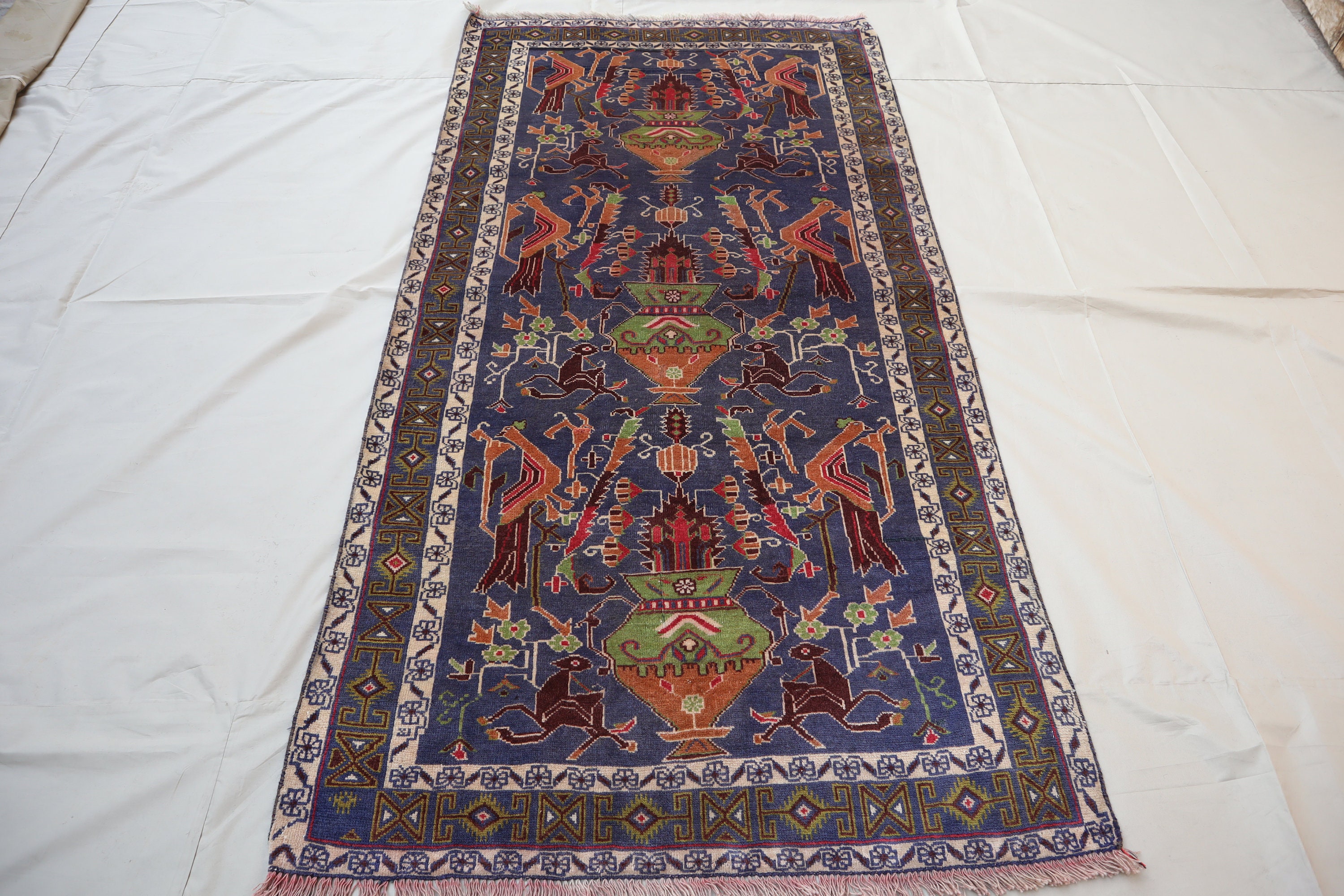 6.4x3.9 Afghan Pictorial Vintage Balochi Rug/ Hand Made Soft Wool Area ...