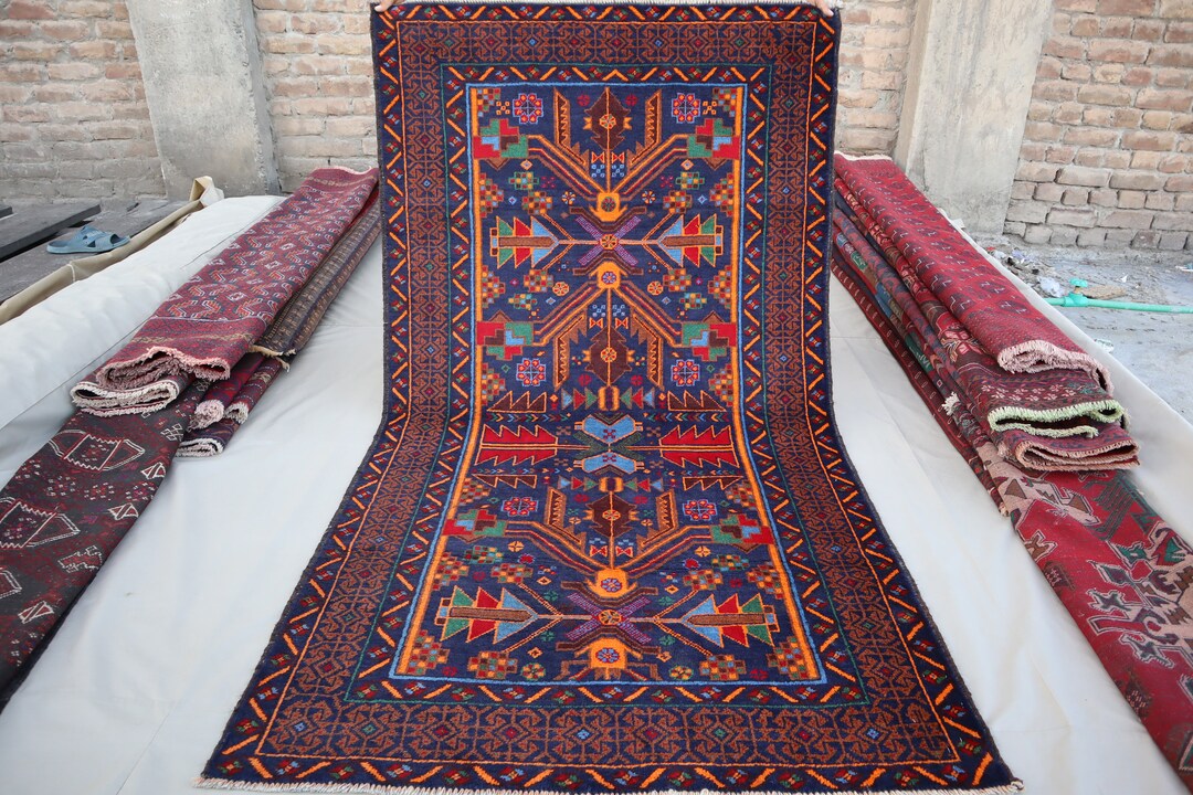 6x4 Ft Vintage Afghan Balochi Rug/ Geometric Navy Blue Area Rug ...