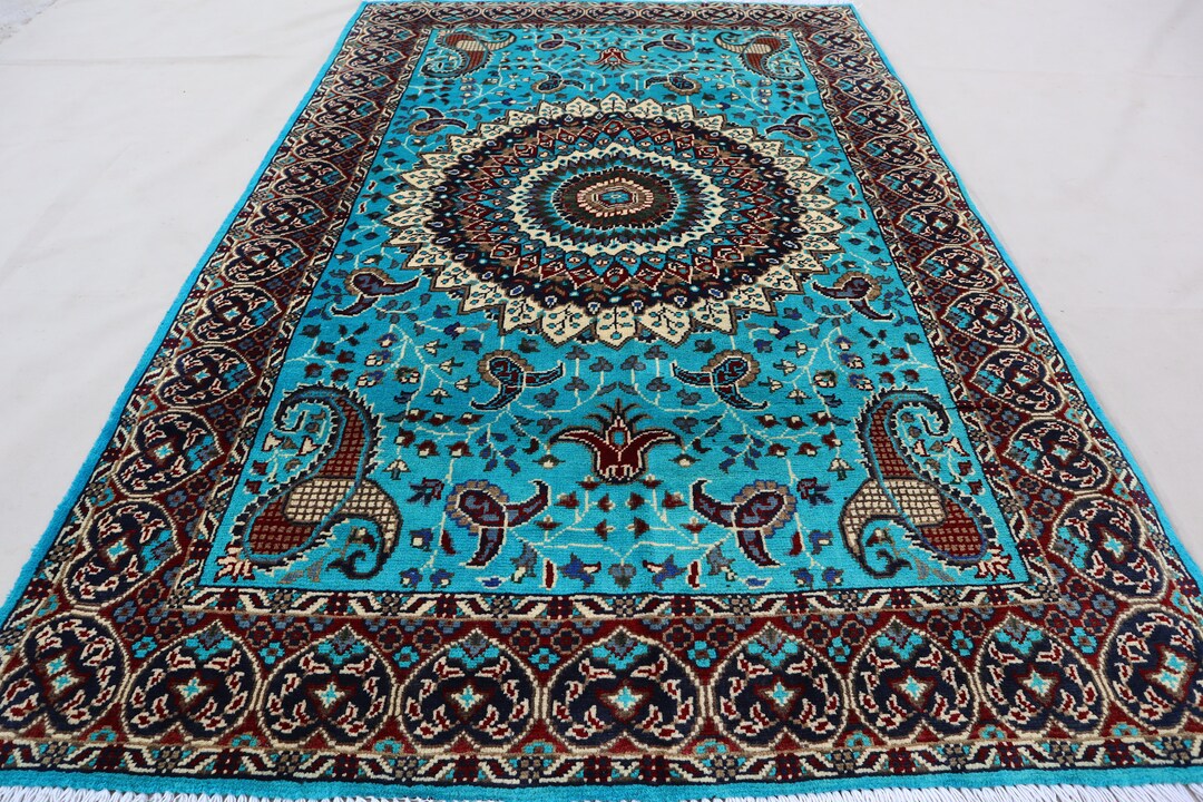 5x3 Ft Beautiful Vintage Sky Blue Area Rug/ Turkmen Antique Rug/ Afghan ...