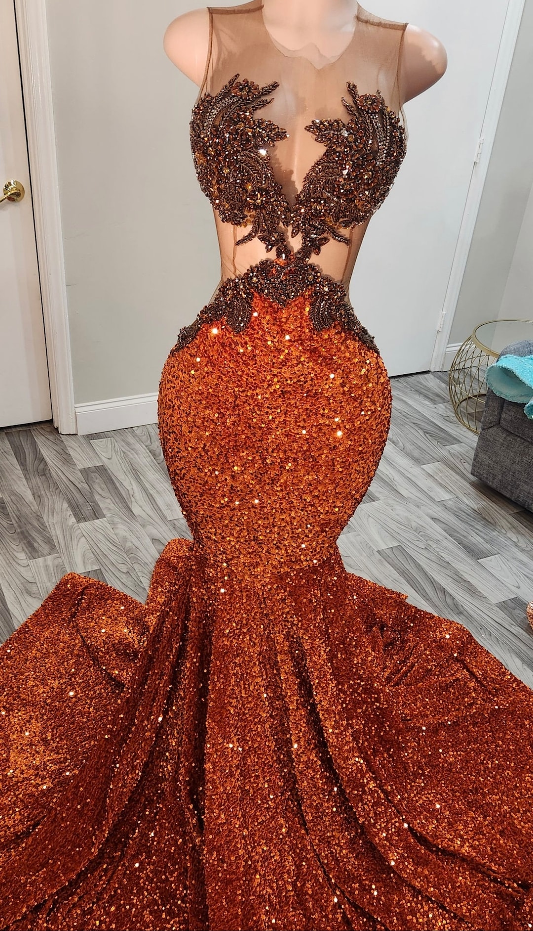 Luxury Burnt Orange Velvet Seqins Dress,mermaid Dress,long Reception ...
