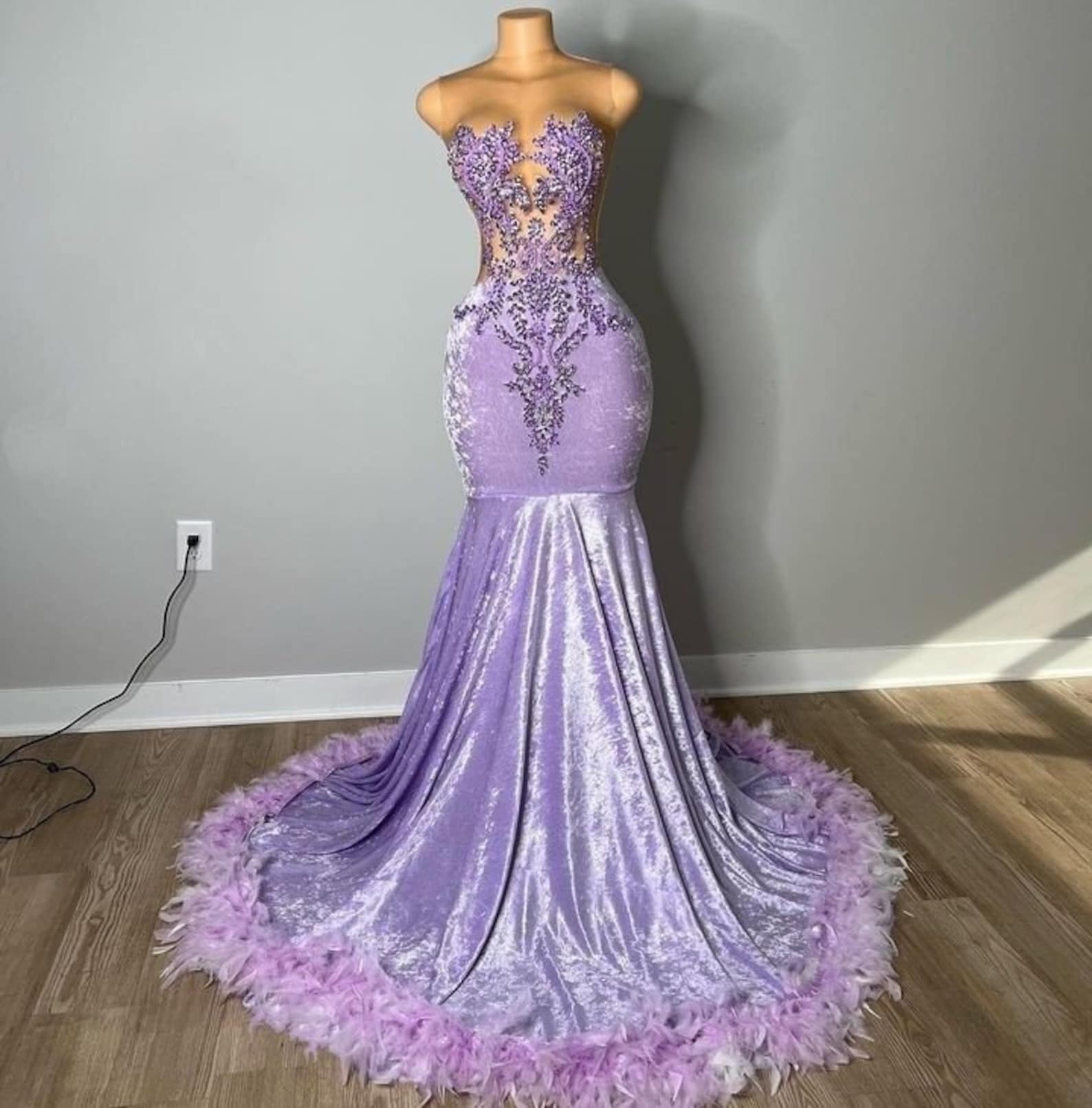 Beautiful Long Lilac Velvet Dress,mermaid Dress,long Reception Dress ...
