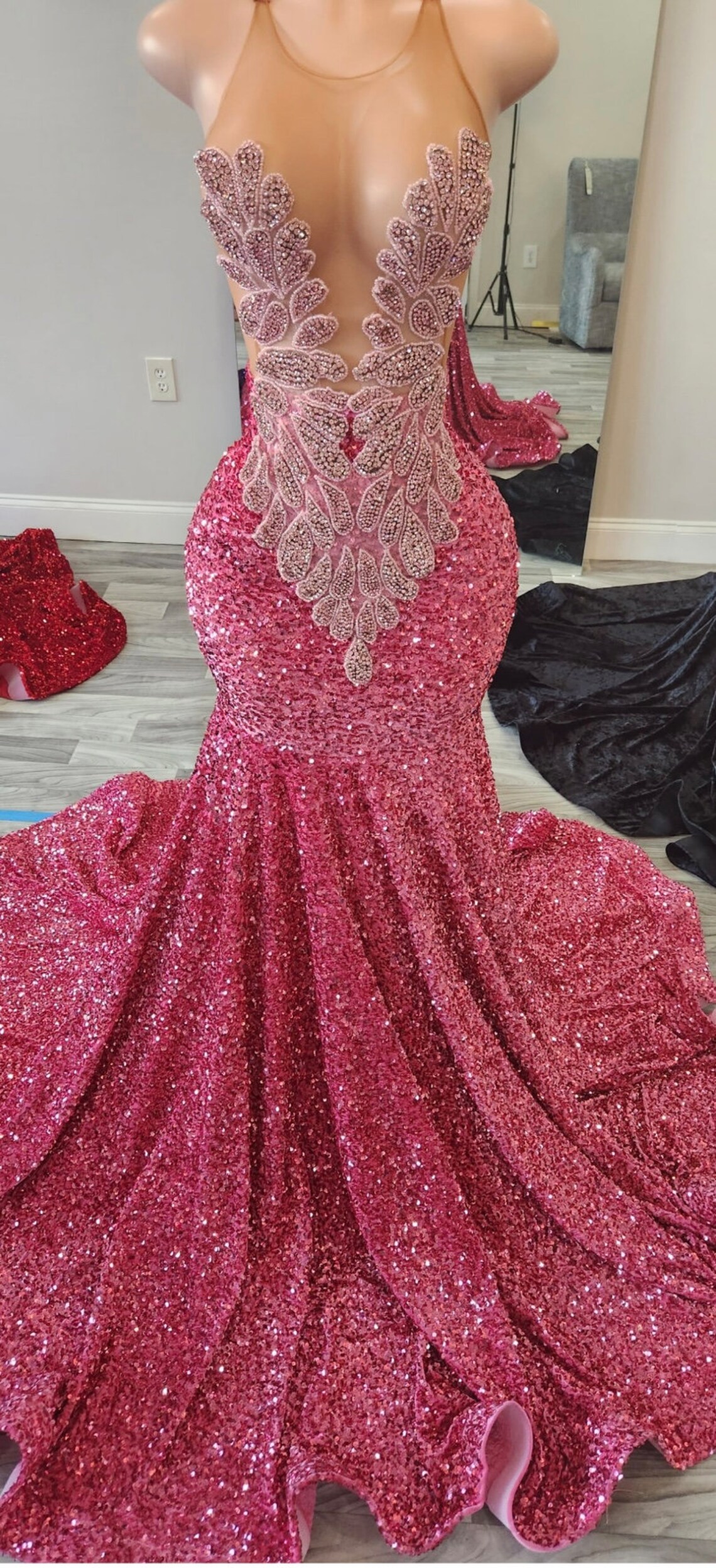 Beautiful Pink Velvet Seqins Dress,mermaid Dress,wedding Dress,long ...
