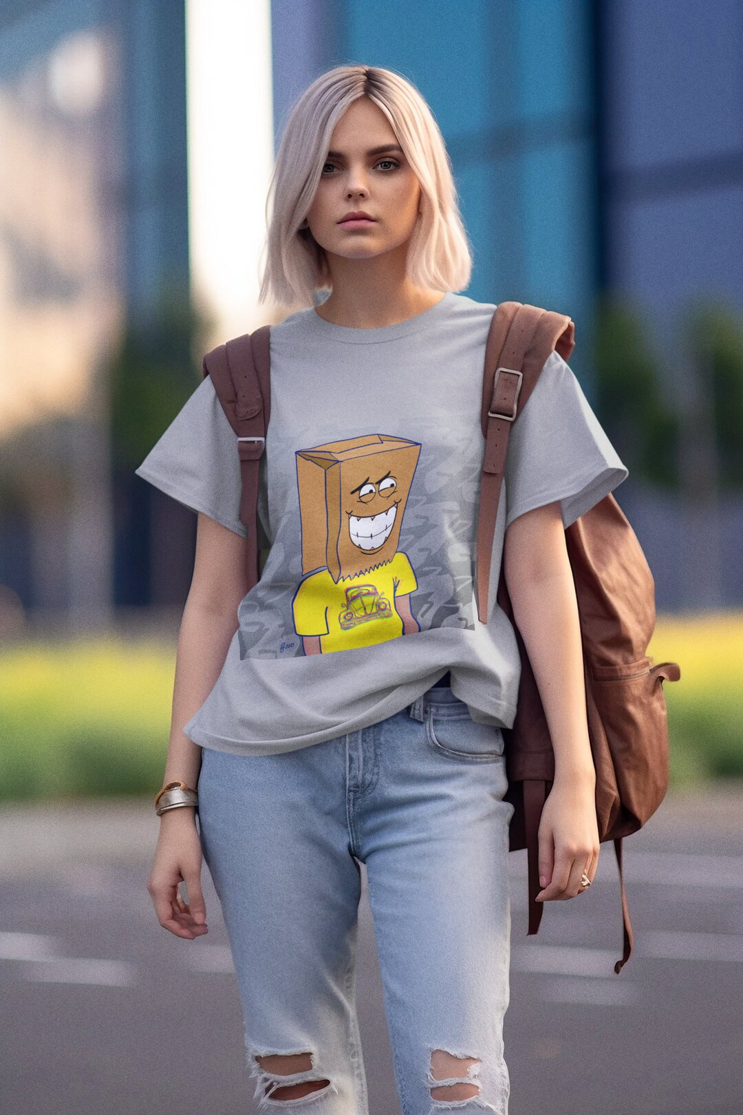 Baghead Boys T-shirt Smiling Guy With a Volkswagen Beetle on a Yellow ...