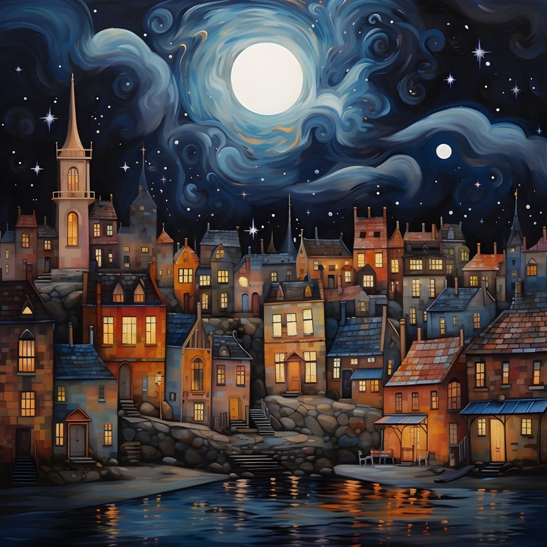 Little Town on Starry Full Moon Night - Etsy