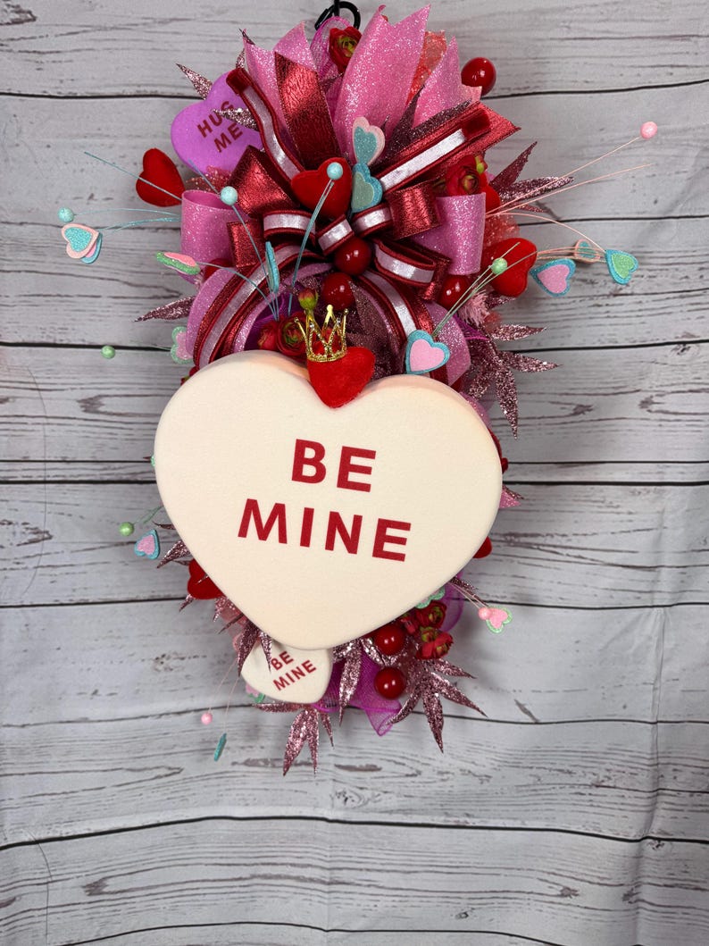 Valentine Heart Wreath With Conversation Hearts Pink Florals Romantic ...